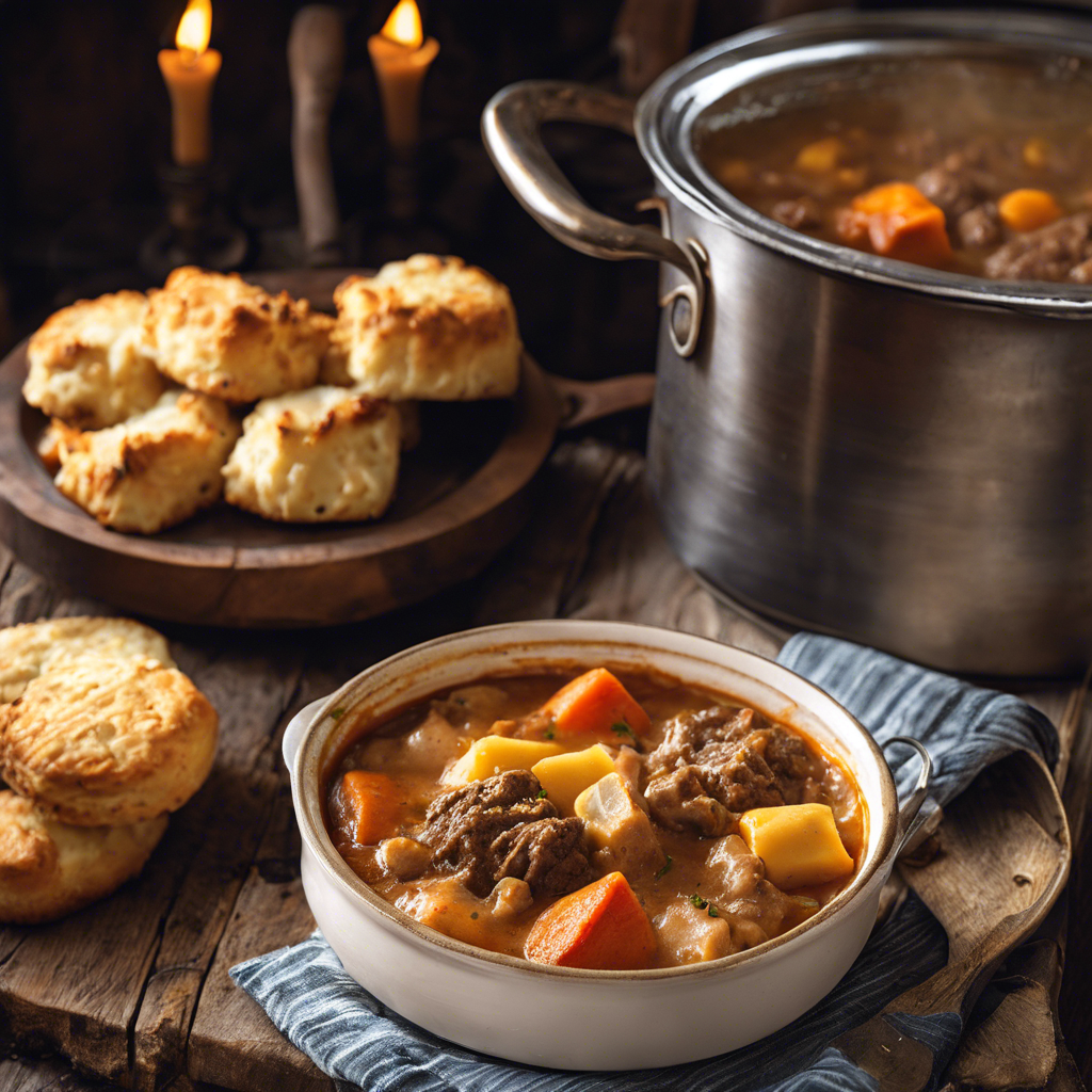 Cheesy Beef Stew with Biscuit Topping