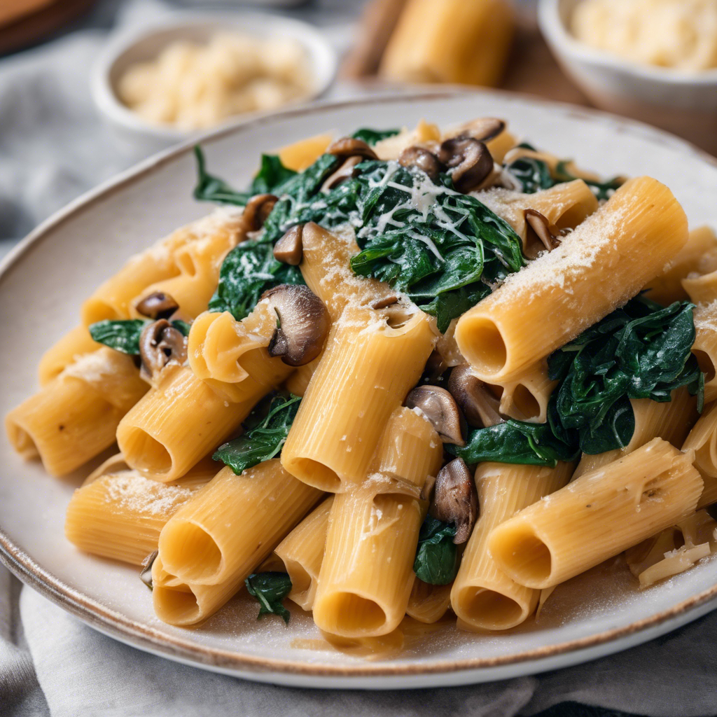 Extra Parmesan Rigatoni with Sautéed Spinach and Mushrooms